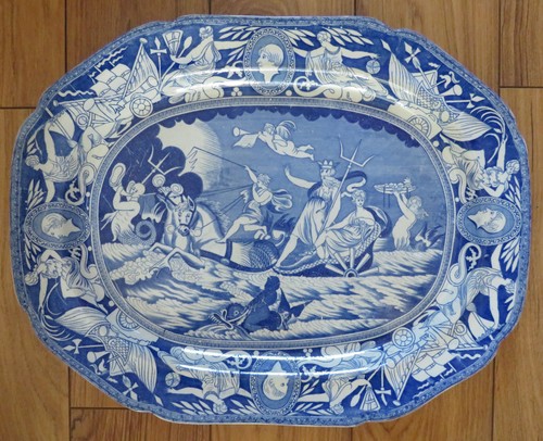 Antique Pottery Pearlware Blue Transfer Neptune Nelson 21" Platter 1810 ...