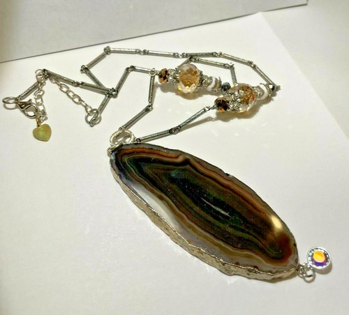 Brenda Perruzza Huge Natural Agate Stone Pendant Glass Bead Silver t ...