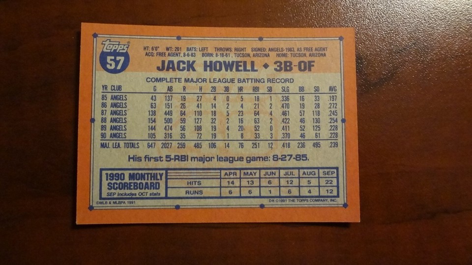1991 TOPPS #57 JACK HOWELL BASEBALL CARD | eBay