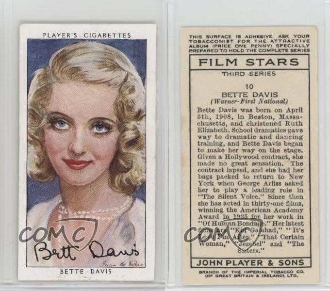 1938 Player's Film Stars Series 3 Tobacco Bette Davis #10 | eBay