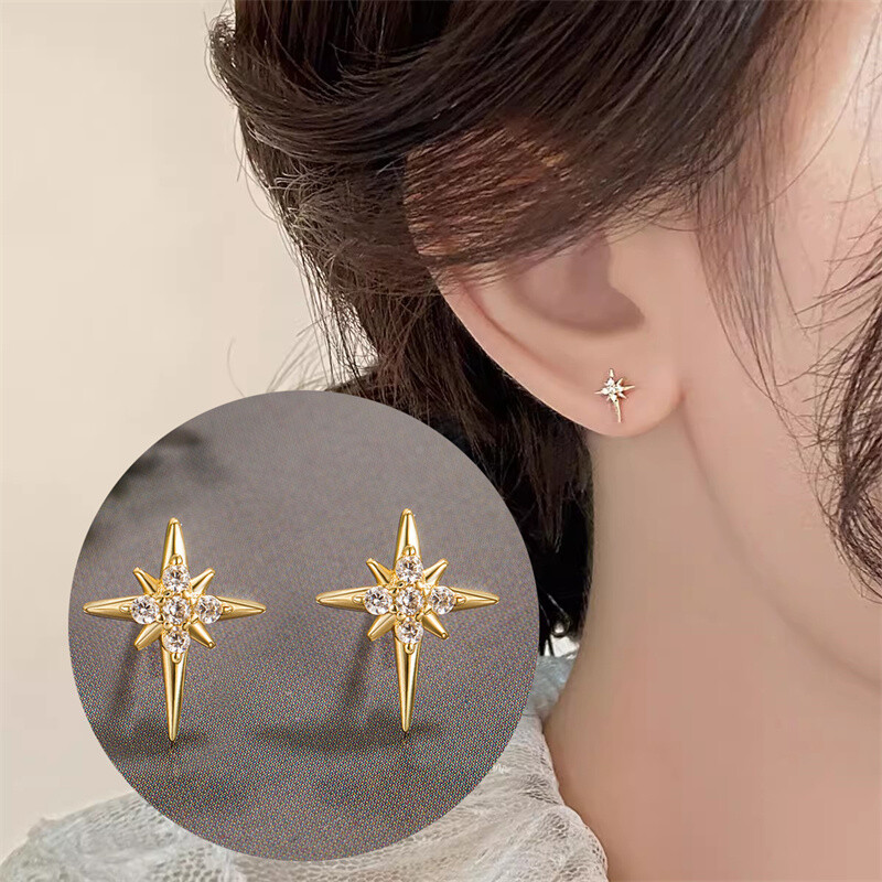 1Pair Simplicity Zircon Eight-pointed Star Stud Earrings Exquisite Small Earring | eBay