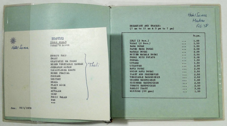 1978 Vintage CHARIOT Vegetarian Restaurant Menu HOTEL SAVERA Chennai ...