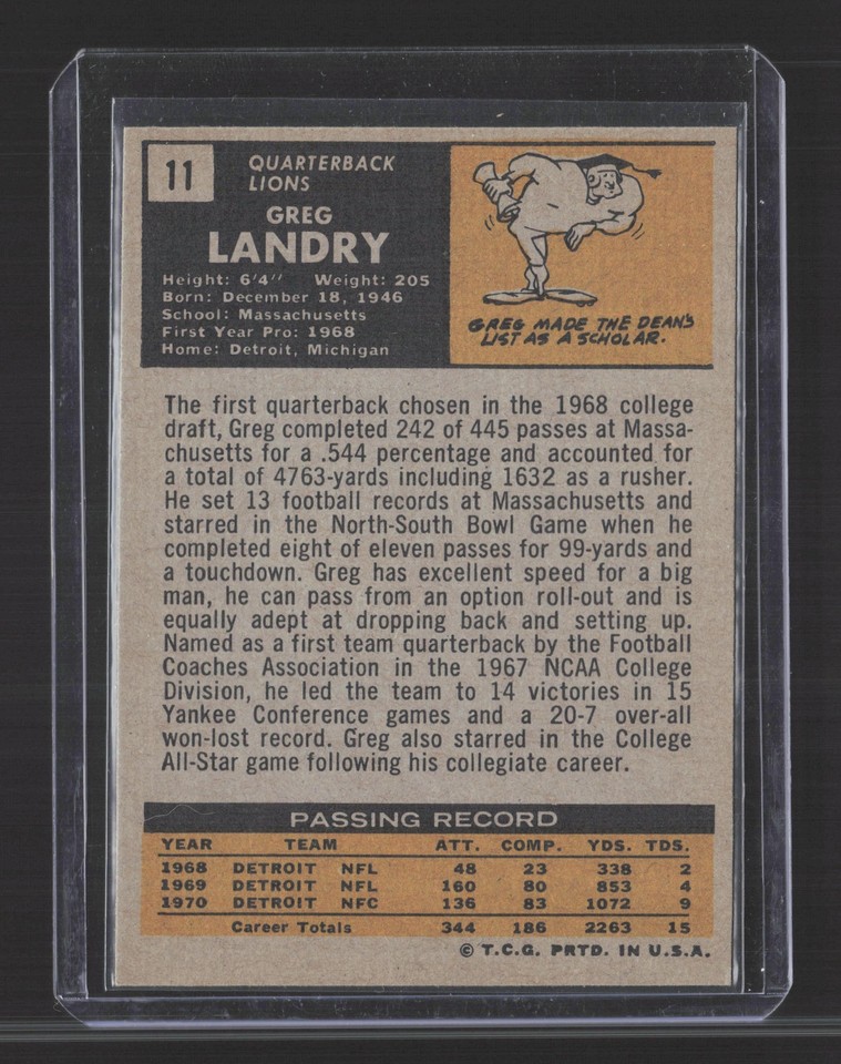 Greg Landry 1971 Topps NFL Football #11 Lions RC Rookie Card VG-EX-MT ...