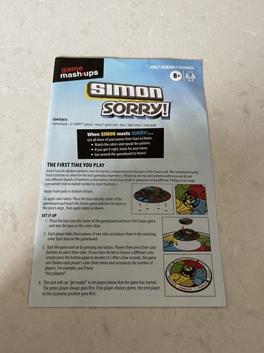 2020 Hasbro Gaming Simon Sorry! Game Mashups Board Game Instructions ...