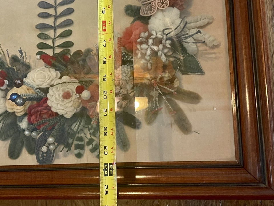 LARGE Antique Victorian WOOL WORK FLORAL & FERN Folk Art Deep Well ...