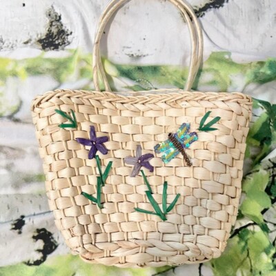 Vintage pastel sequin floral/dragonfly basket purse 7X9 in D fairy core ...