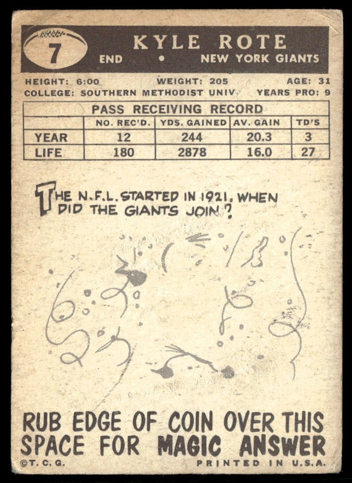 1959 Topps #7 Kyle Rote Football New York Giants | eBay