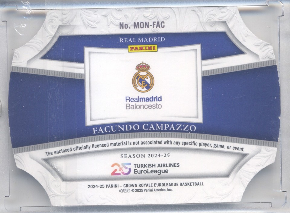 2024-25 Crown Royale Euroleague Real Madrid Patch 1 of 1 Facundo ...