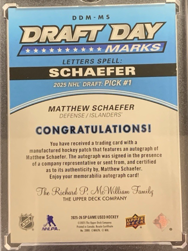2025-26 SP GAME USED DRAFT DAY MARKS MATTHEW SCHAEFER 10/35 #DDM-MS | eBay