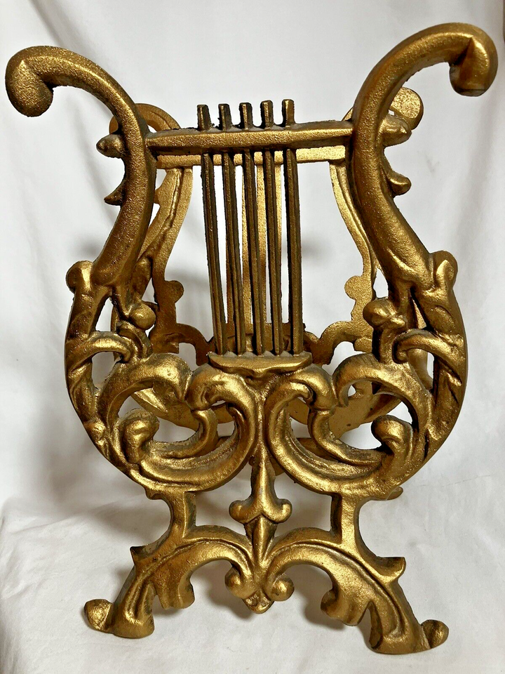 Heavy Cast Metal Lyre Harp Music Magazine Gold Tone Rack Hollywood ...