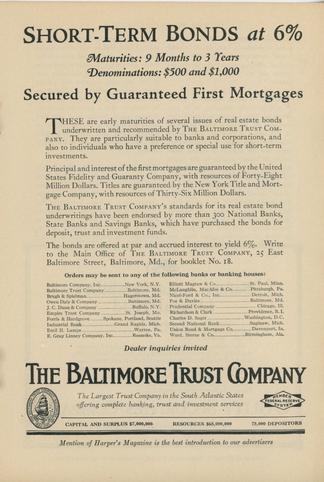 1926 Baltimore Trust Company Vintage Ad Short Term Bonds Bank Banking ...