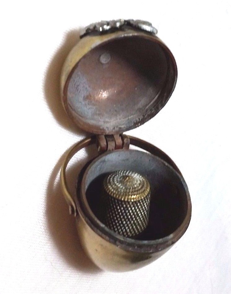 BRASS EGG THIMBLE HOLDER & THIMBLE; ANTIQUE VICTORIAN c1880 ,chatelaine ...