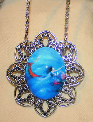 Large Lacy Open Flower Petals Rim Bright Blue Swimming Mermaid Pendant ...