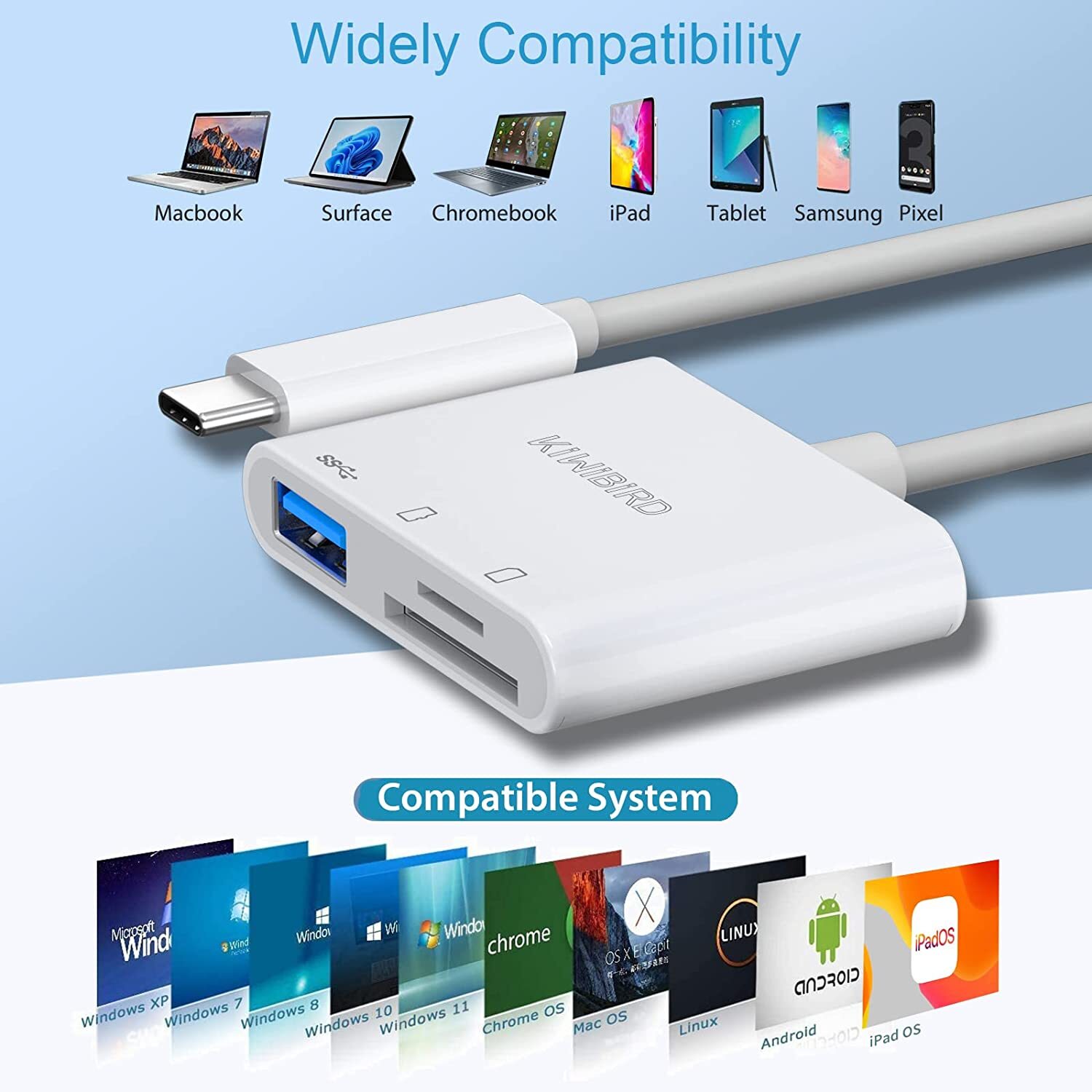 KiWiBiRD USB C 3.1 SD Card Reader, Micro SD, USB 3.0 Female to Type C ...