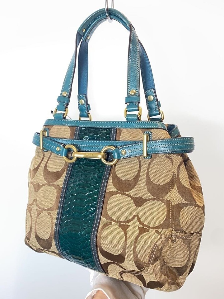 COACH Tote Bag Canvas Green All-Over Print 12466 | eBay