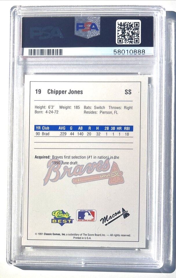 1991 Classic Best Macon Braves Chipper Jones #19 PSA 9 - 1st MiLB team ...