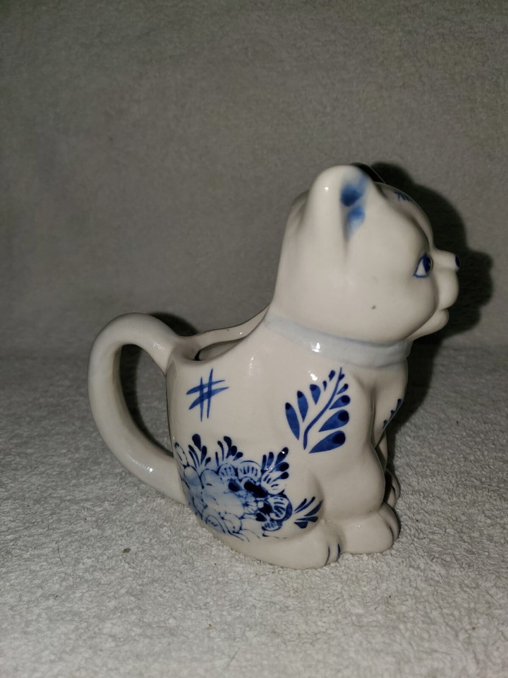 Cat Creamer Pitcher Porcelain Pottery Blue White Vintage | eBay