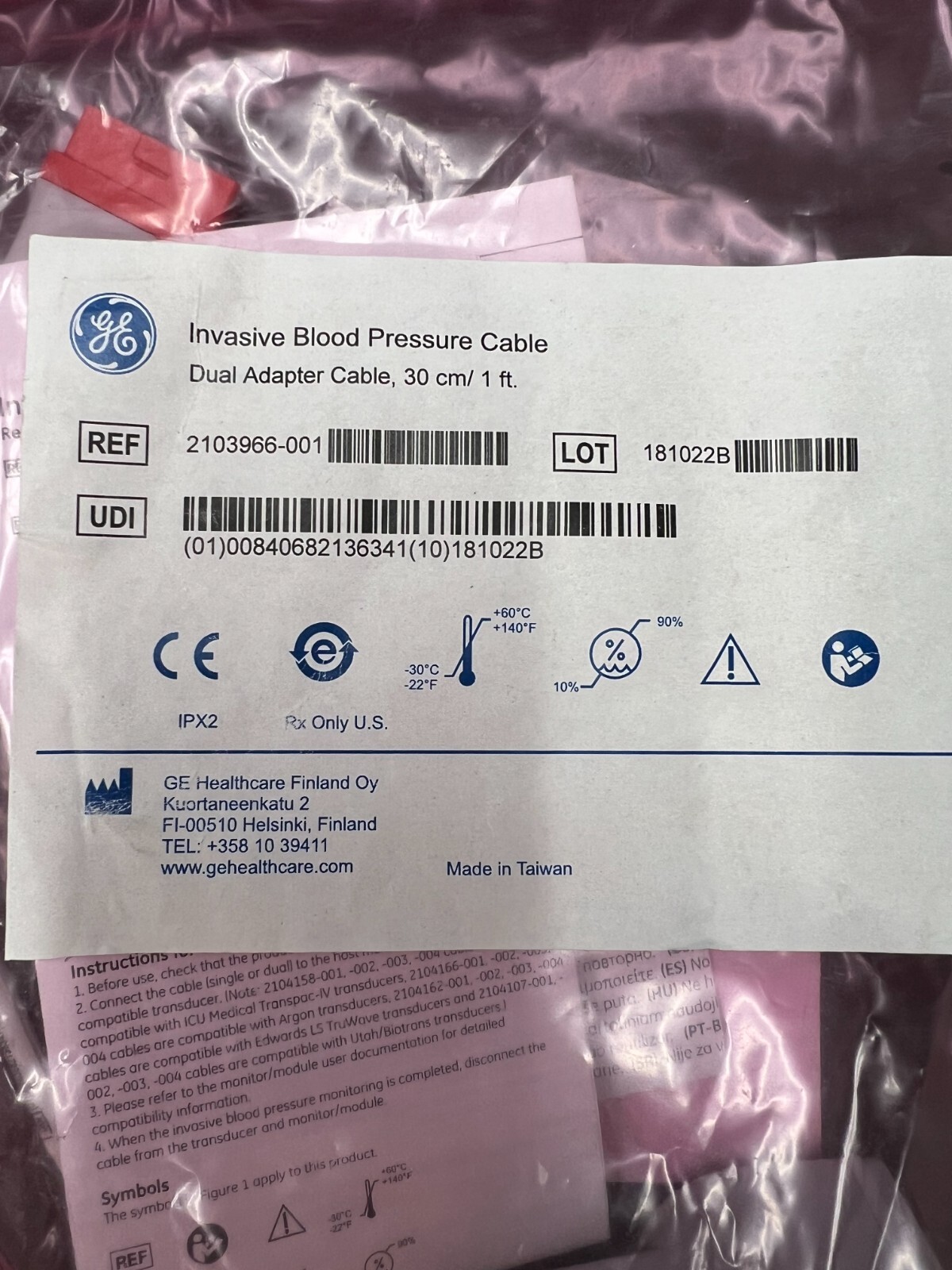 GE Invasive Blood Pressure Cable Dual Adapter REF 2103966-001 30 cm/ 1 ...