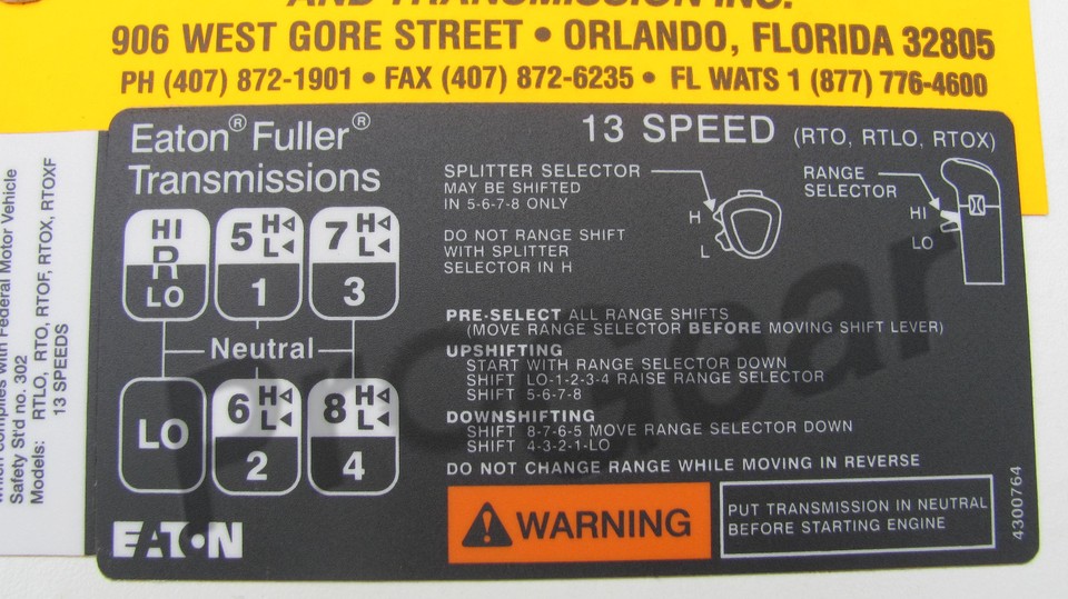 Eaton Fuller RTO RTLO 13 Speed Transmission Shift Pattern Decal 4300764 ...