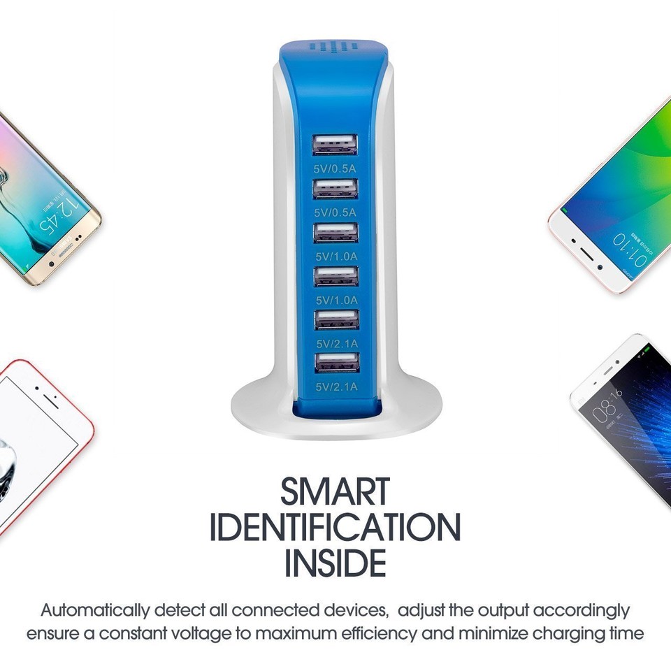 6 Multi USB Port Adapter Desktop Charger Rapid Tower Charging Station ...