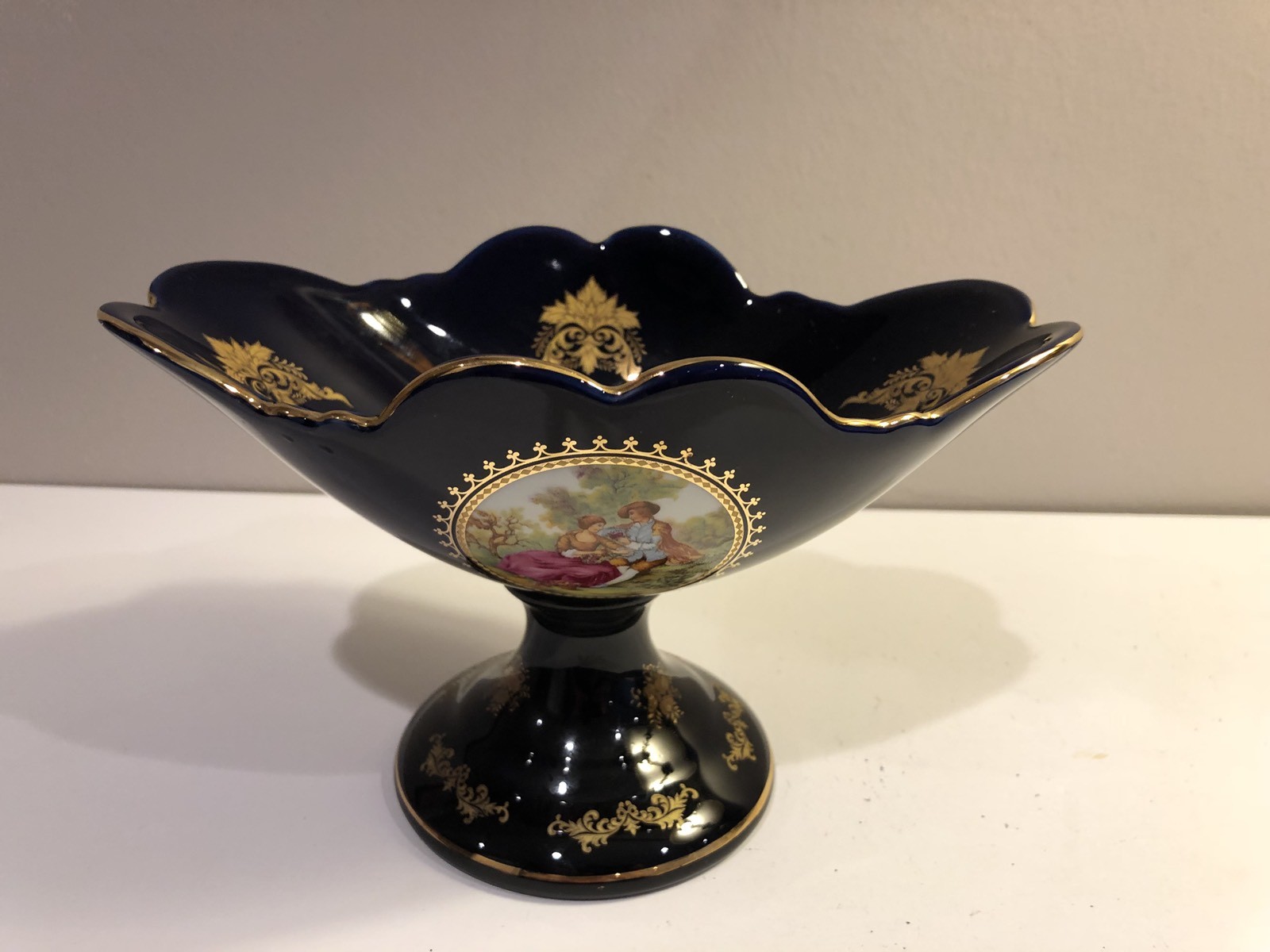 LEMOGE DESIGN COBALT BLUE/GOLD PEDESTAL COMPOTE BOWL W/VINTAGE STYLE | eBay