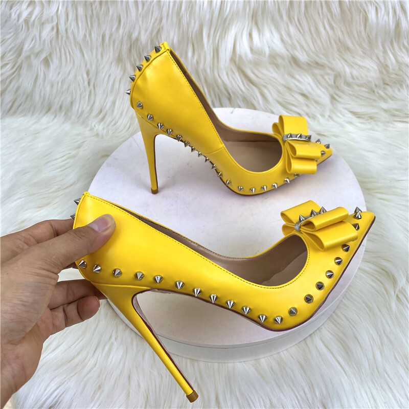 Women's Pump Yellow Heels Club Bow Studded Stiletto Shoes Pointed Toe ...