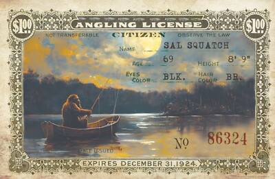 Vintage Sasquatch Bigfoot Art Print Trout Fishing License Artwork Cabin ...