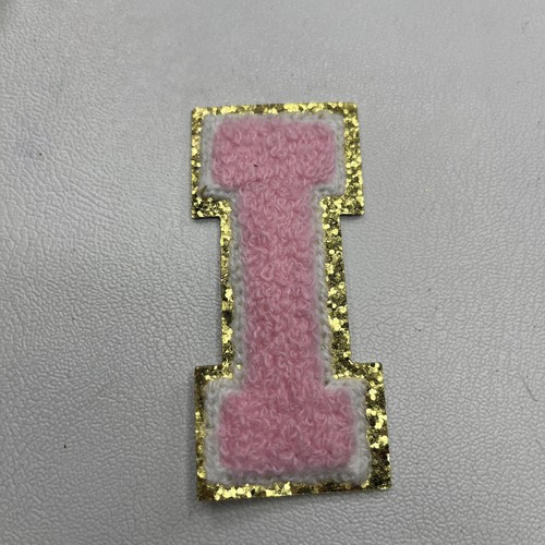 3" PINK Chenille Letter Initial I Patch w/ Gold Sparkle Glitter Trim ...