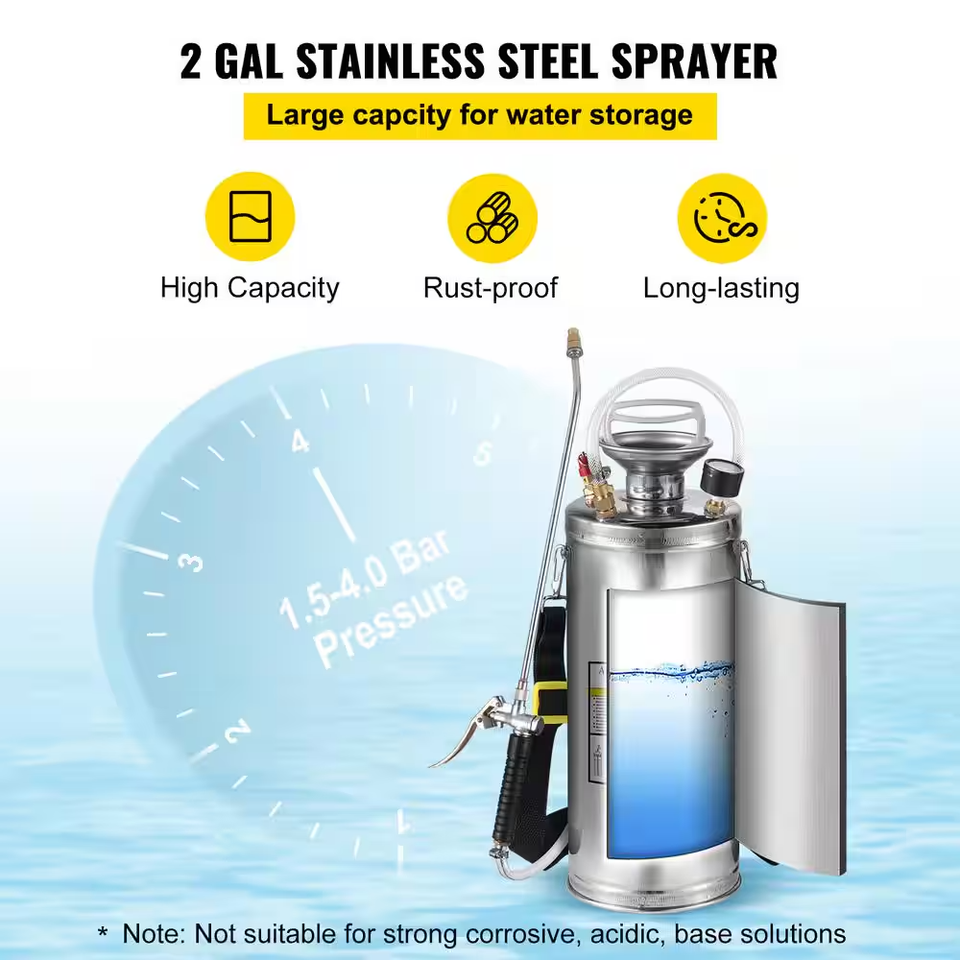 2 Gal. Stainless Steel Sprayer Pump Sprayer with 20 in. Wand, Handle, 3 ...