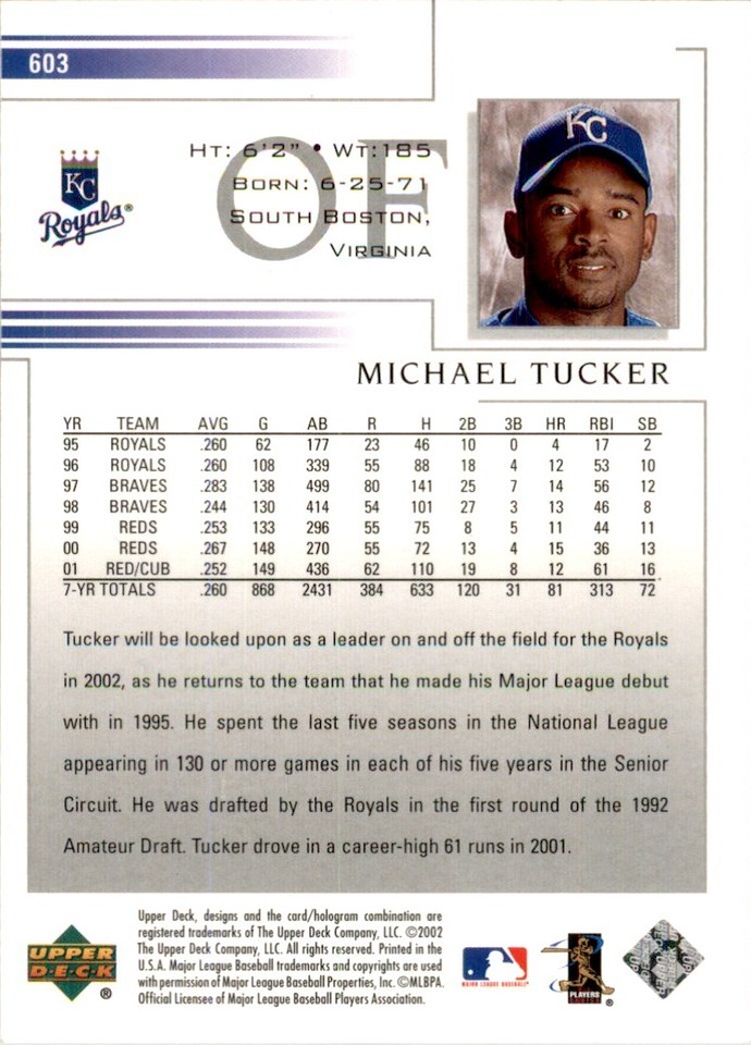 2002 Upper Deck Michael Tucker Kansas City Royals #603 MLB Baseball Card | eBay
