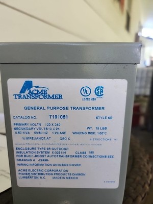 Acme Electric Transformer 1 Phase 120X240 12/24 Wall Mount T181052 ...