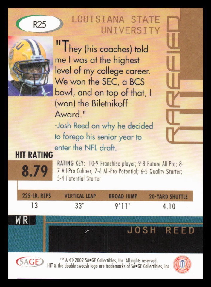 2002 SAGE HIT Rarefied Emerald #R25 Josh Reed LSU Tigers | eBay