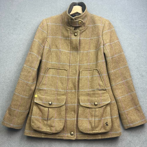 JOULES Field Coat Women UK 10 Brown Jacket Tweed Wool Country Plaid ...