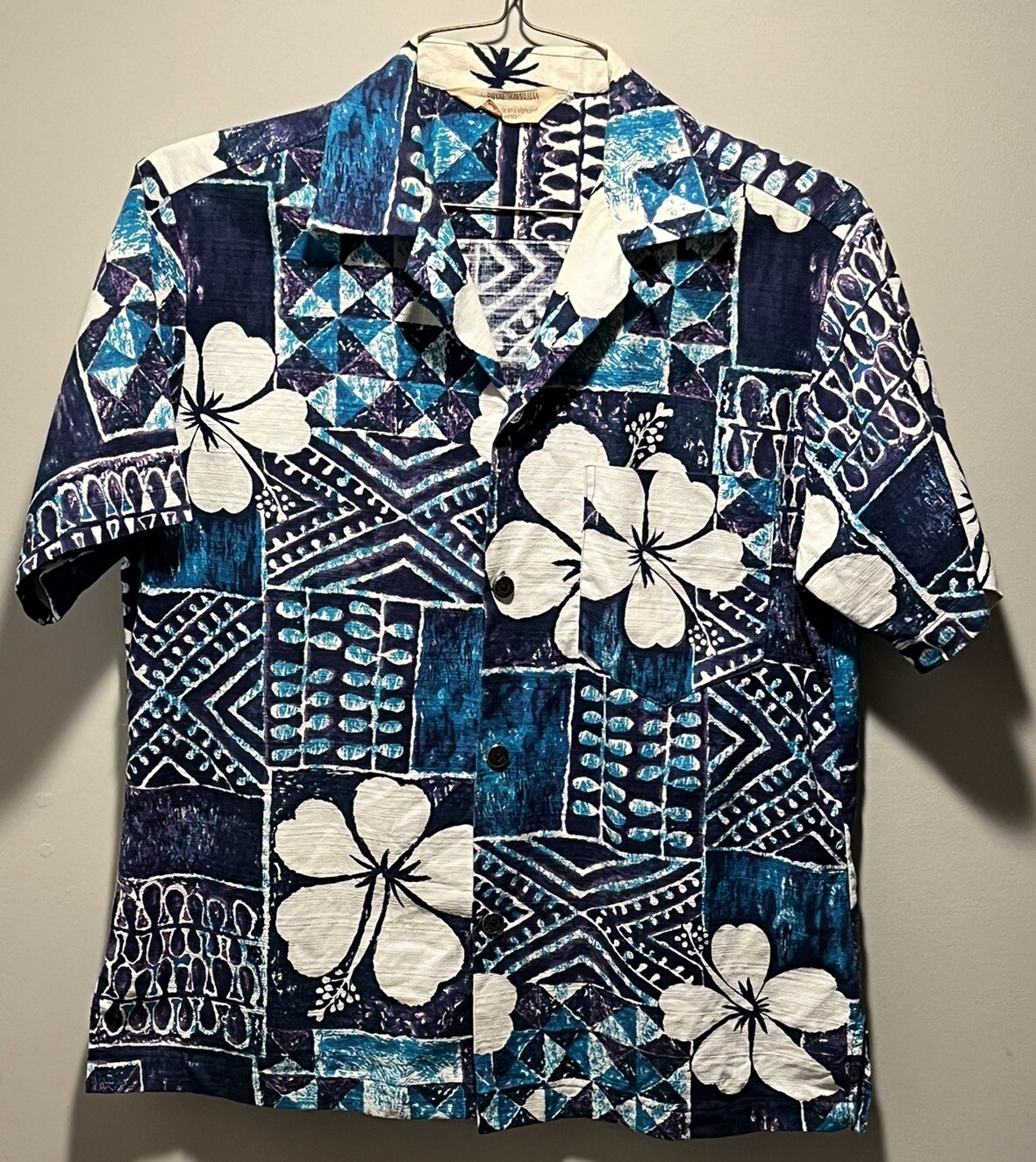 VTG 1960’s Royal Hawaiian Blue Teal Tapa Print Aloha … - Gem