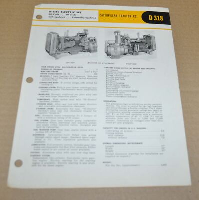 1954 Caterpillar D318 Diesel Electric Set Engine Specification Brochure ...