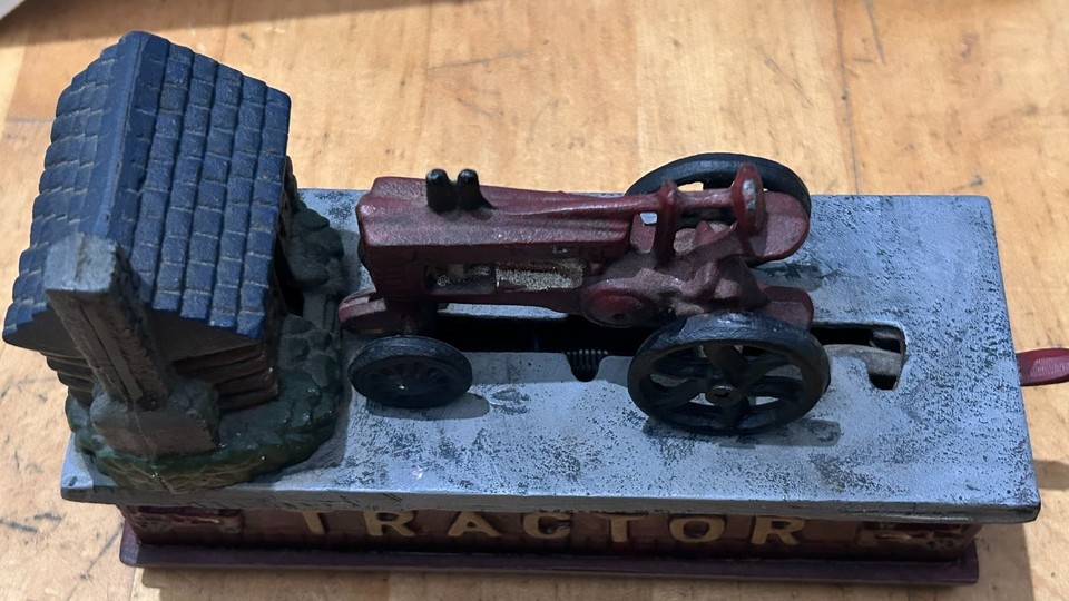 Cast Iron Bank Tractor Mechanical Coin With Log Cabin Barn | eBay UK