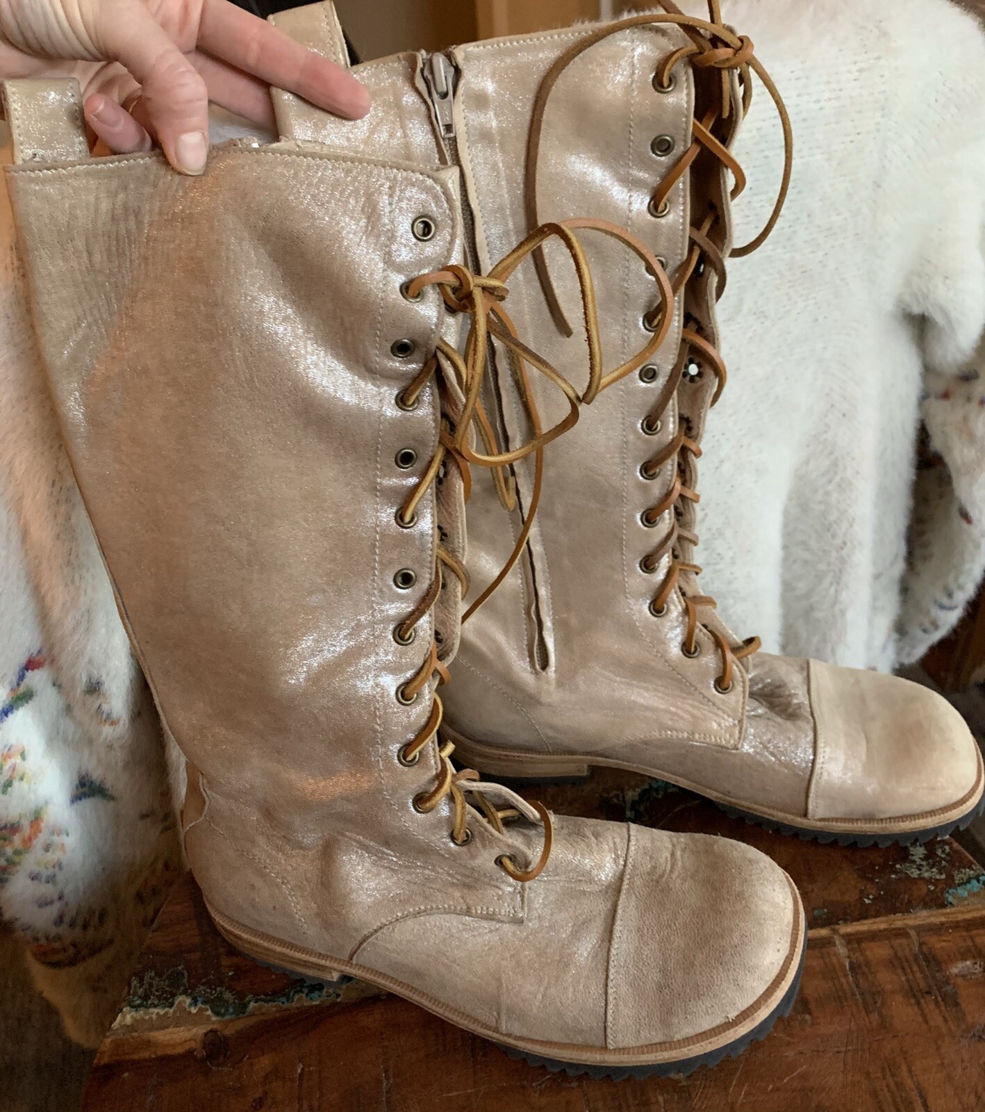 Jim Barnier Tall Shimmering Champagne Lace Up Boots - Gem