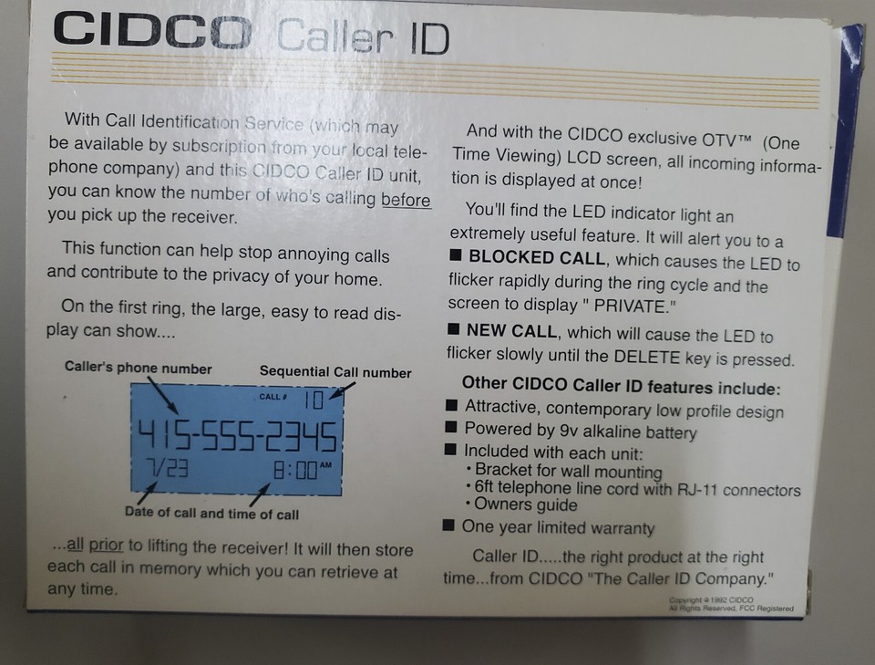CIDCO Caller ID Box JA-25A-18 for Landline telephones | eBay