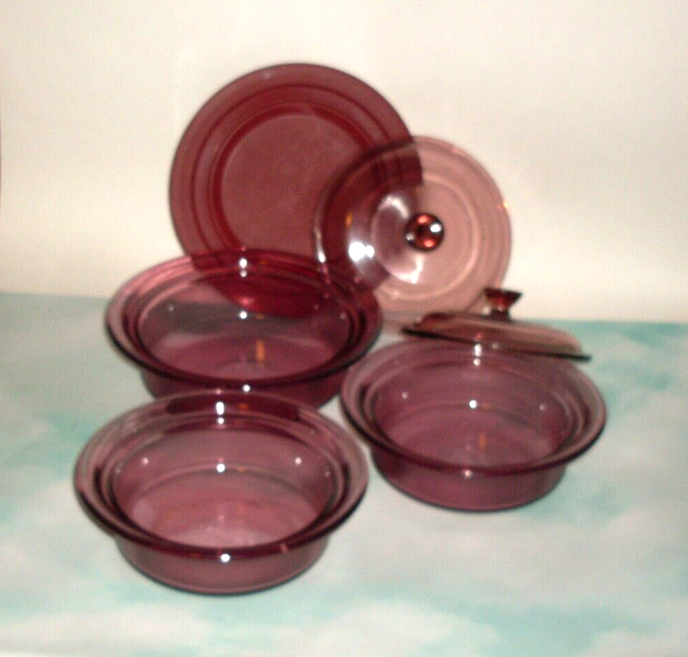 7 Pieces-3-VTG Vision Cranberry Casserole V-30-B (x2) & V-31-BLids ...