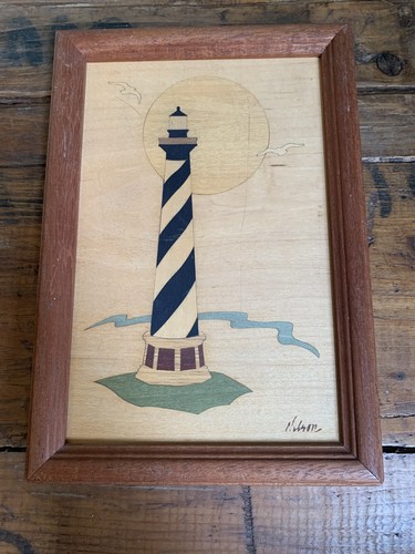 Hudson River Jeff Nelson Inlaid Marquetry LightHouse Framed Art Wood ...