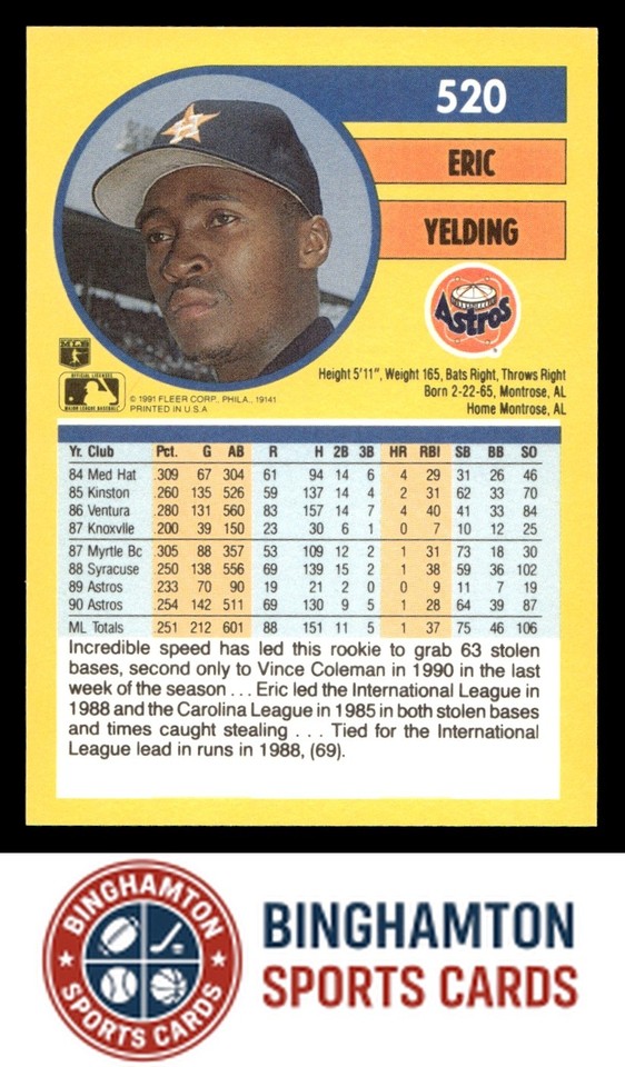 1991 Fleer #520a Eric Yelding Houston Astros | eBay