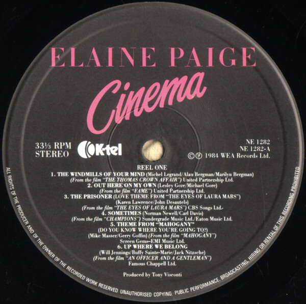 'Elaine Paige - Cinema' LP, Album Musical, Theme, Soundtrack 1984 VG+ ...