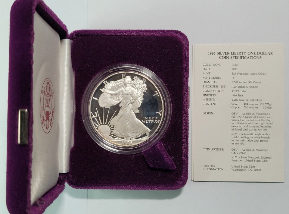 1986-S $1 Proof Gem First-Year American Silver Eagle US Mint Box & COA ...