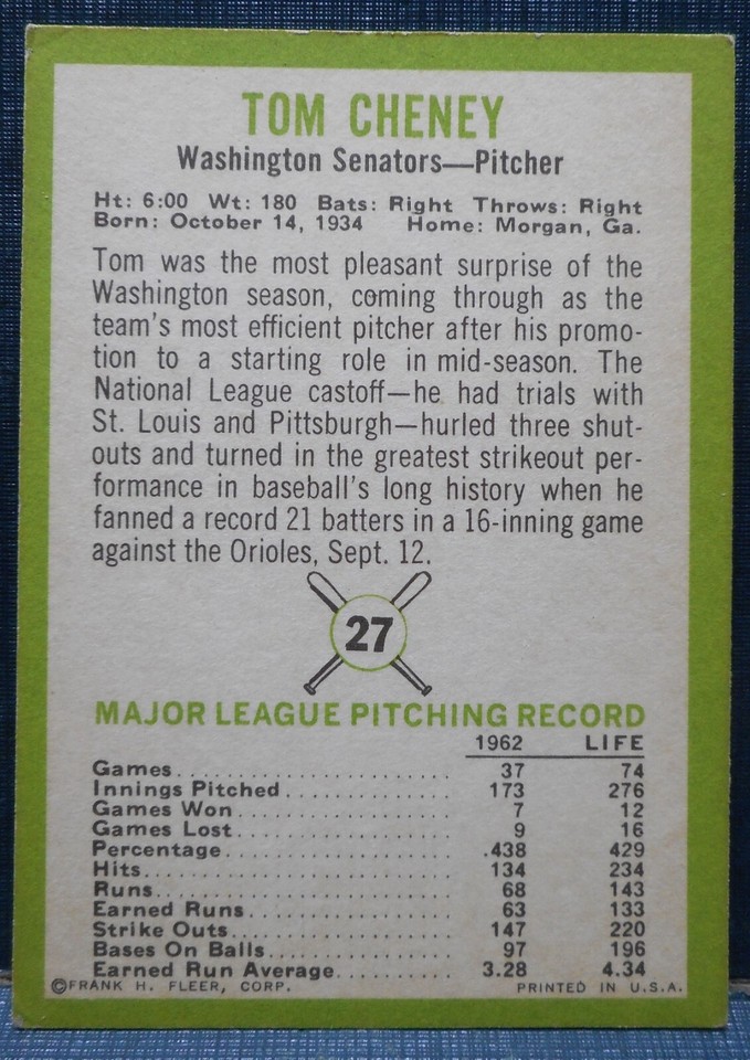 1963 Fleer #27 Tom Cheney Washington Senators | eBay