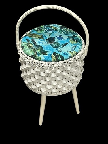 VTG WHITE WOVEN RATTAN WOOD SEWING BASKET ON LEGS MID CENTURY BLUE ...