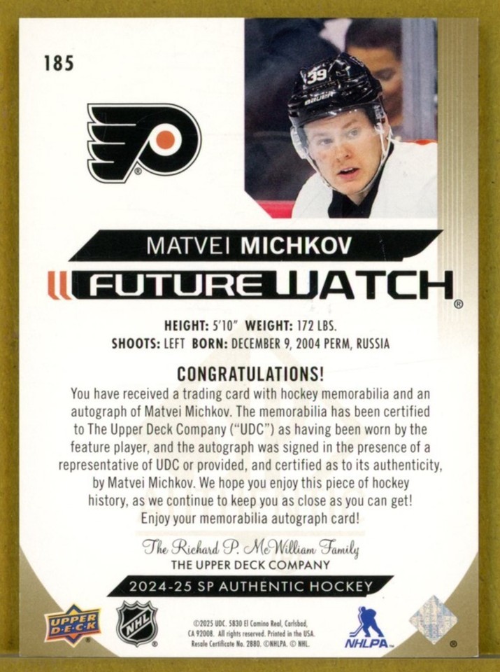 2024-25 SP Authentic Future Watch Limited #185 Matvei Michkov RC PATCH AUTO /100 | eBay