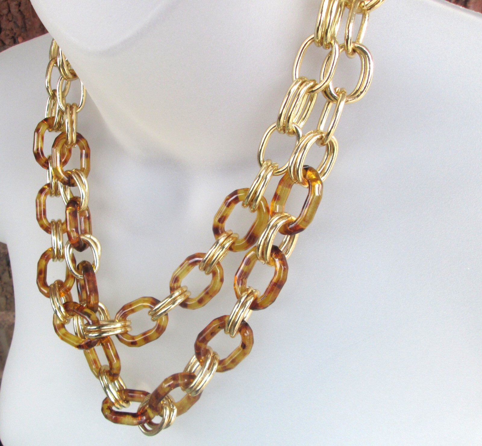 Double Chain link Faux Tortoise Shell Necklace - Gem