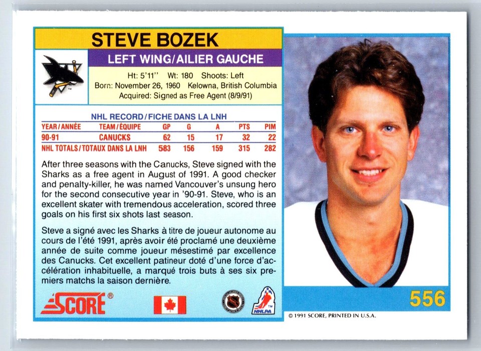 1991-92 Score Canadian Bilingual Steve Bozek San Jose Sharks #556 | eBay