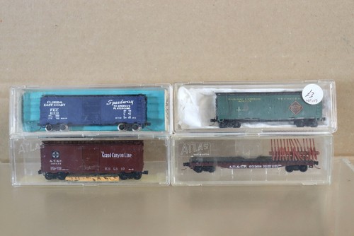ATLAS MINITRIX N GAUGE RAKE of 4 AT&SF RES FLORIDA FEC BOX CAR FLAT ...
