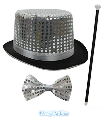 BO-B-2 Ringmaster Cabaret Show Sequin Top Hat Dance Cane Bow Tie Silver ...